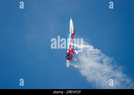 MiG-29OVT thrust vectoring test-bed flying at the Royal International ...