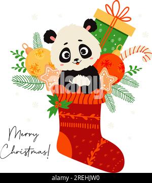Christmas gift. Christmas sock with cute panda wearing Santa hat and ...