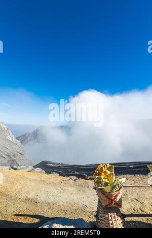 sulfuric rocks by sulfur mine at Ijen vulcano in East Java, Indonesia ...