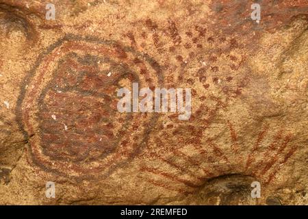 Onima Indian pictographs, red-stained designs and symbols inscribed on ...