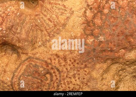 Onima Indian pictographs, red-stained designs and symbols inscribed on ...
