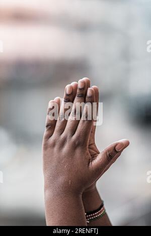 Hands together praying prayers sign yoga Stock Photo - Alamy