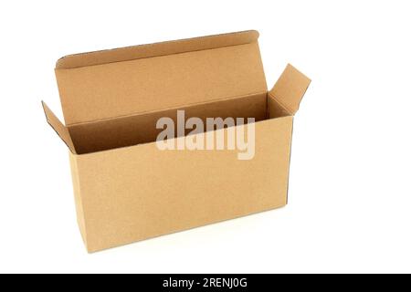 Slimline brown cardboard rectangular shape delivery box on white ...