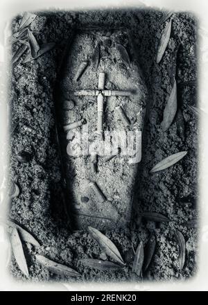 Image representing Cigarettes and Death. Shape coffin on the ground ...
