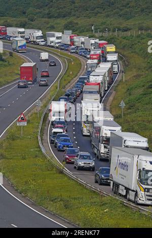 Traffic queuing on the A20 outside the Port of Dover in Kent as the ...