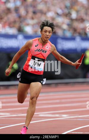 Koki UEYAMA (Japan) crossing the finish line in the Men's 4 x 100m ...