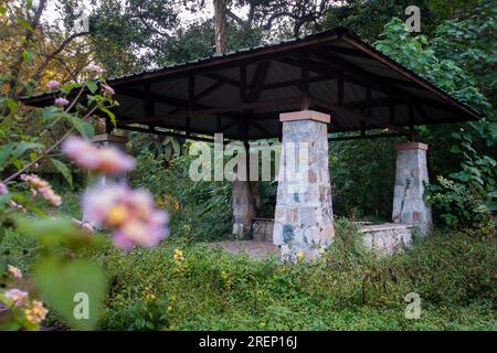 Pillar based canopy shelters in an outdoor park. Dehradun, India Stock ...