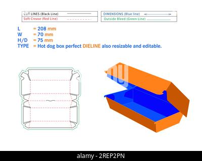 Hot dog box perfect die line 208 x 70 x 75 mm Size or burger box Die ...