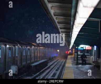Subway station train stop, during bed weather snow storm season, copy ...