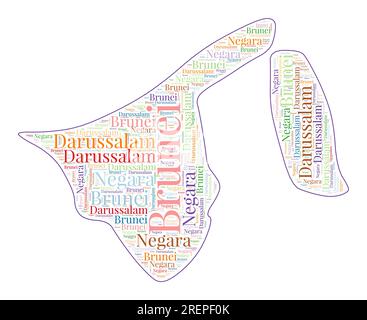 Brunei shape. Country word cloud with region division. Brunei colored ...
