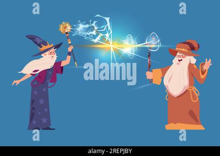 Cartoon wizard. Senior sorcerer. Merlin with staff and suitcase ...