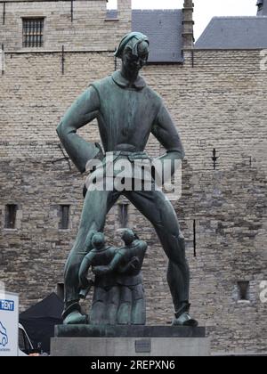 A statue of Lange Wapper, a giant from Flemish folklore, stands at the ...