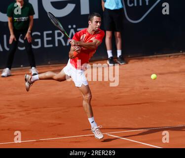 Laslo Djere of Serbia in action during the semifinal against Gael ...