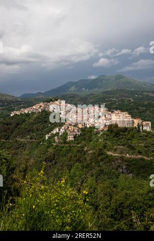 View of the white town of Rivello, Mediterranean mountain village in nature, Campania, Salerno ...