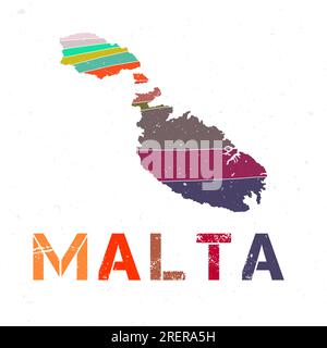 Malta map. Map of the island with beautiful geometric waves in red blue ...