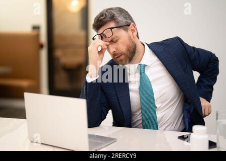 Head pain, medicines pills concept. Cephalalgia and migraine. Man with ...