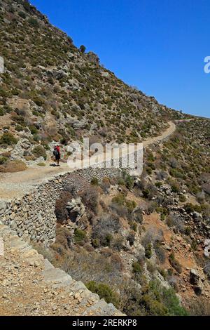 Walker on the path from Livadia to Lethra beach along the rocky ...