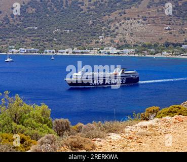 View of the Stavros ferry from path to Lethra along the rocky path ...