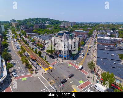 SS Pierce Building aerial view and MBTA Green Line tram at Coolidge ...