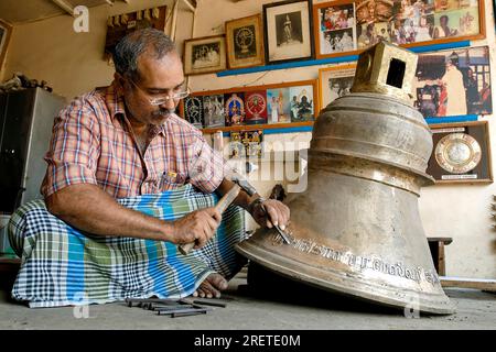 Artisan making a temple bell in Kumbakonam, Tamil Nadu, India, Asia ...