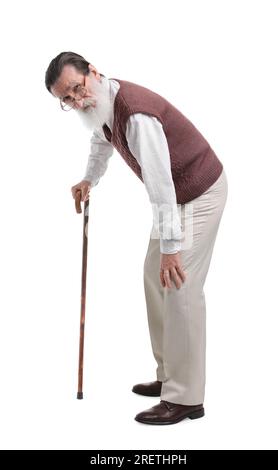 Stooped senior man with walking cane on white background Stock Photo ...