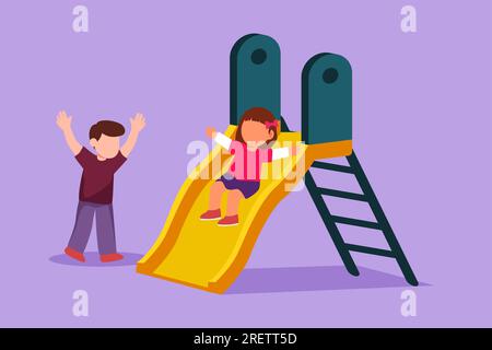 Cartoon flat style drawing of preschool girl sliding down slide and ...