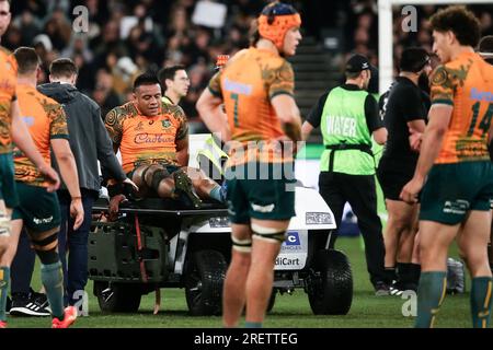 MELBOURNE, AUSTRALIA - JULY 29: Allan Alaalatoa of the Wallabies reacts ...