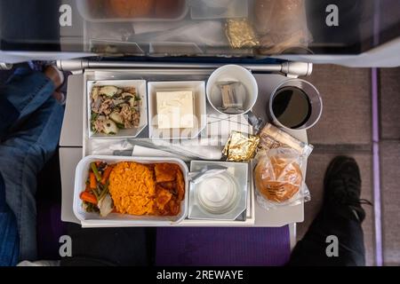 Inflight airplane Asian food set meal served consisting rice and spicy ...