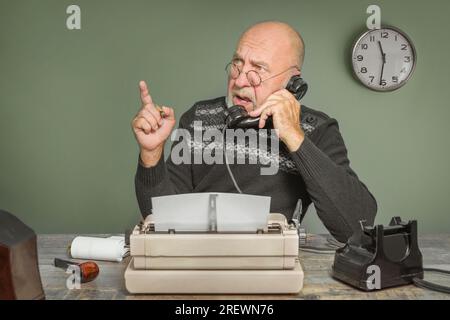 Journalist at work. Desk with telephone and typewriter. Vintage. Writer ...