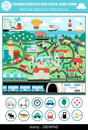 Vector transportation searching game with city landscape, rails, trains ...