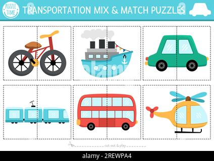 Vector transportation mix and match puzzle with cute trucks. Matching ...