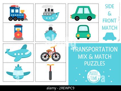 Vector transportation mix and match puzzle with cute bike, ship, car ...