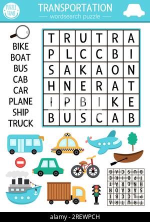 Vector transportation wordsearch puzzle for kids. Simple word search ...