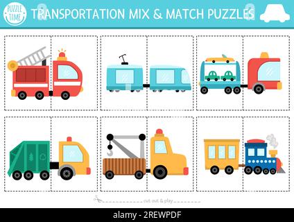 Vector transportation mix and match puzzle with cute bike, ship, car ...