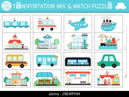 Vector transportation mix and match puzzle with cute bike, ship, car ...