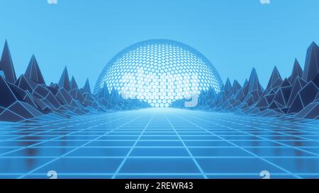 futuristic sci fi wireframe landscape with pyramids 3d rendering ...