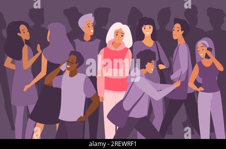 Loneliness of woman in crowd of people vector illustration. Cartoon ...