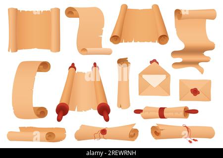 Cartoon parchment rolls, blank scrolls and royal paper banners. Open and convoluted antique ...