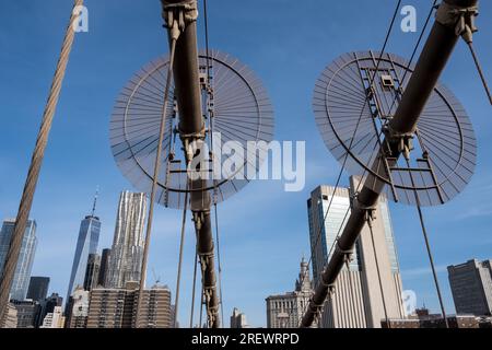Architectural detail of the Brooklyn Bridge, a hybrid cable-stayed ...
