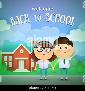Vector Schoolboy and schoolgirl with welcome text template. Welcomre to ...