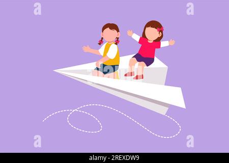 Character flat drawing happy two little boys flying on paper plane ...