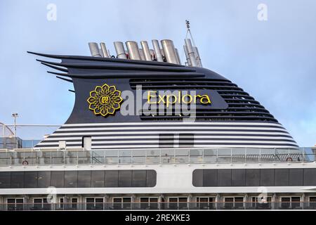 Detail view of Explora Journeys logo. Explora I is a luxury cruise ship ...