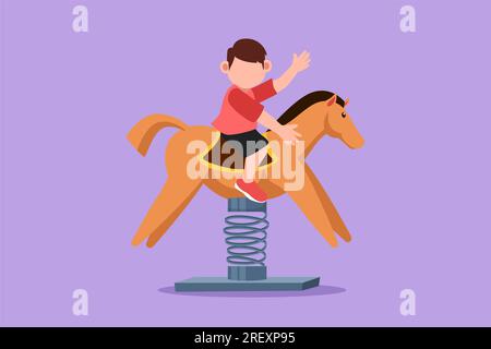 Cartoon flat style drawing little girl riding horse seesaw, kid having ...