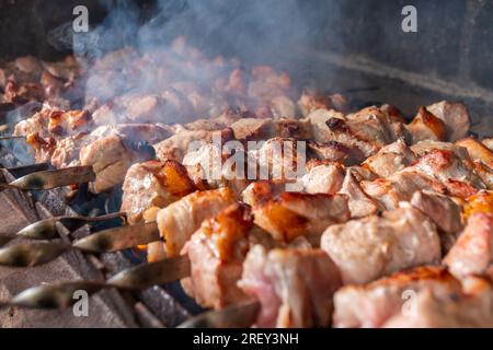 Traditional georgian mtsvadi, grill on the coals with smoke. Shashlik ...