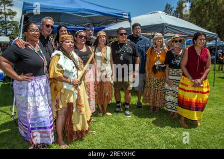 Native American members of the Acjachemen tribe pose at a pow-wow ...