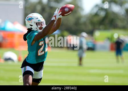 Miami Dolphins safety Elijah Campbell waves to fans before an NFL ...