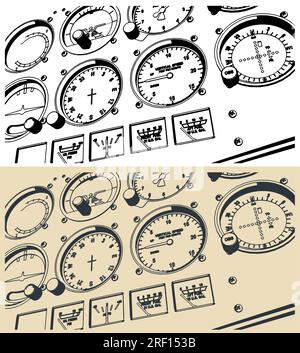 Stylized vector illustrations of airplane control panel close up in ...