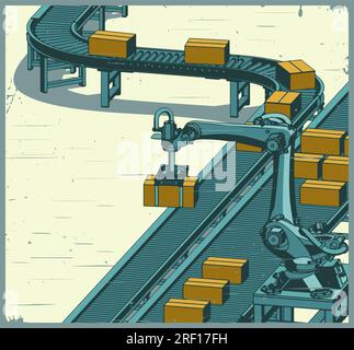 Stylized vector illustration of robotic factory conveyor line Stock ...