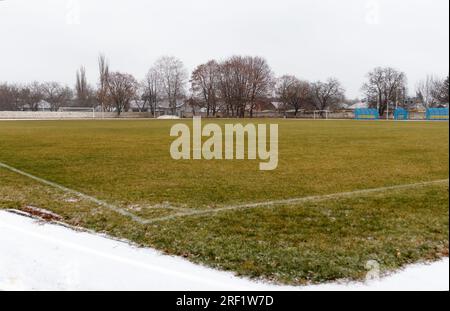Review of sports stadium. A large football field covered with grass ...