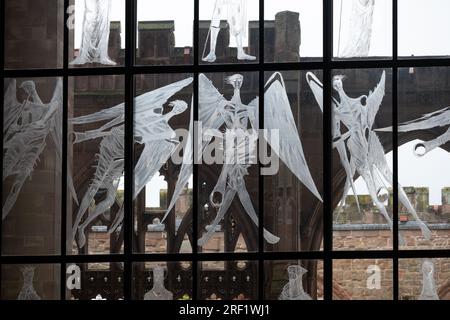 Glass engravings of angel musicians, Coventry Cathedral, West Midlands ...